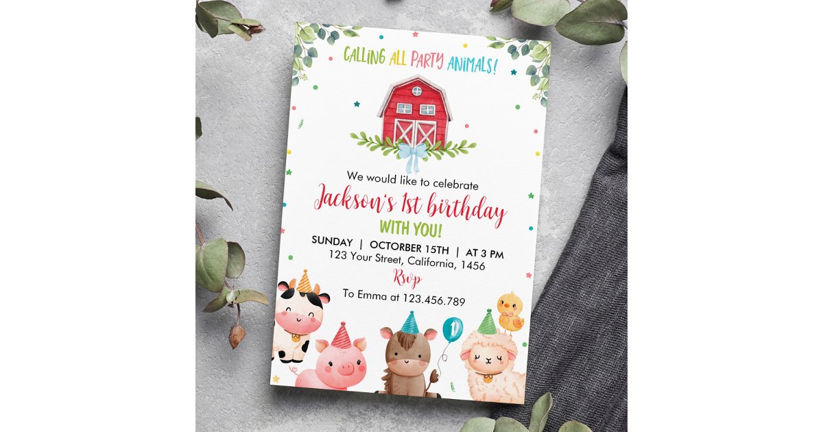 Cute Barnyard Farm Animals 1st Birthday Invitation | Zazzle