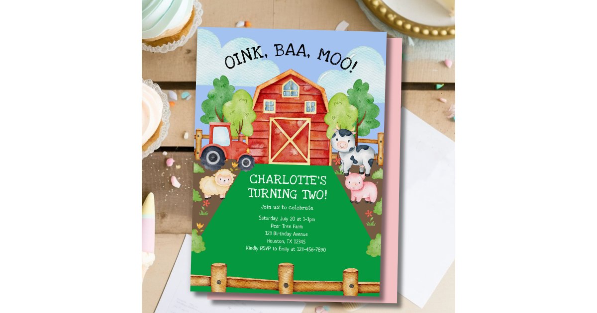 Cute Barnyard Farm Animals 2nd Birthday Invitation | Zazzle
