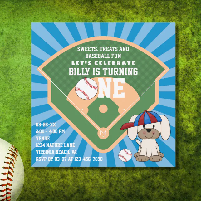 Cute Baseball Fun Puppy Dog 1st Birthday Invitation | Zazzle
