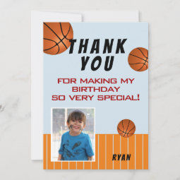 Cute Basketball Kids Birthday Photo Thank You Card | Zazzle