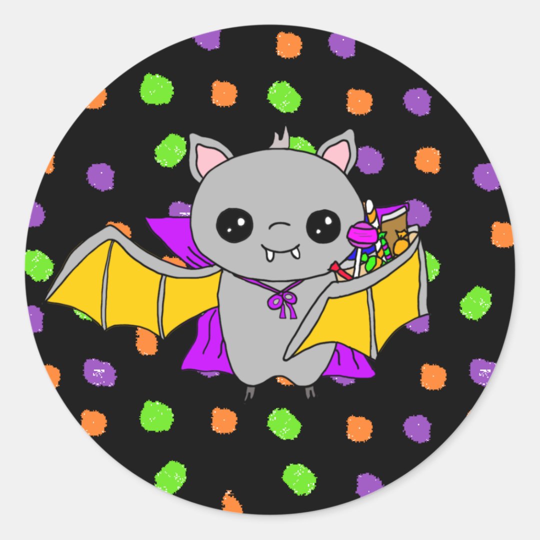 Cute Bat Holding Halloween Candy Classic Round Sticker | Zazzle