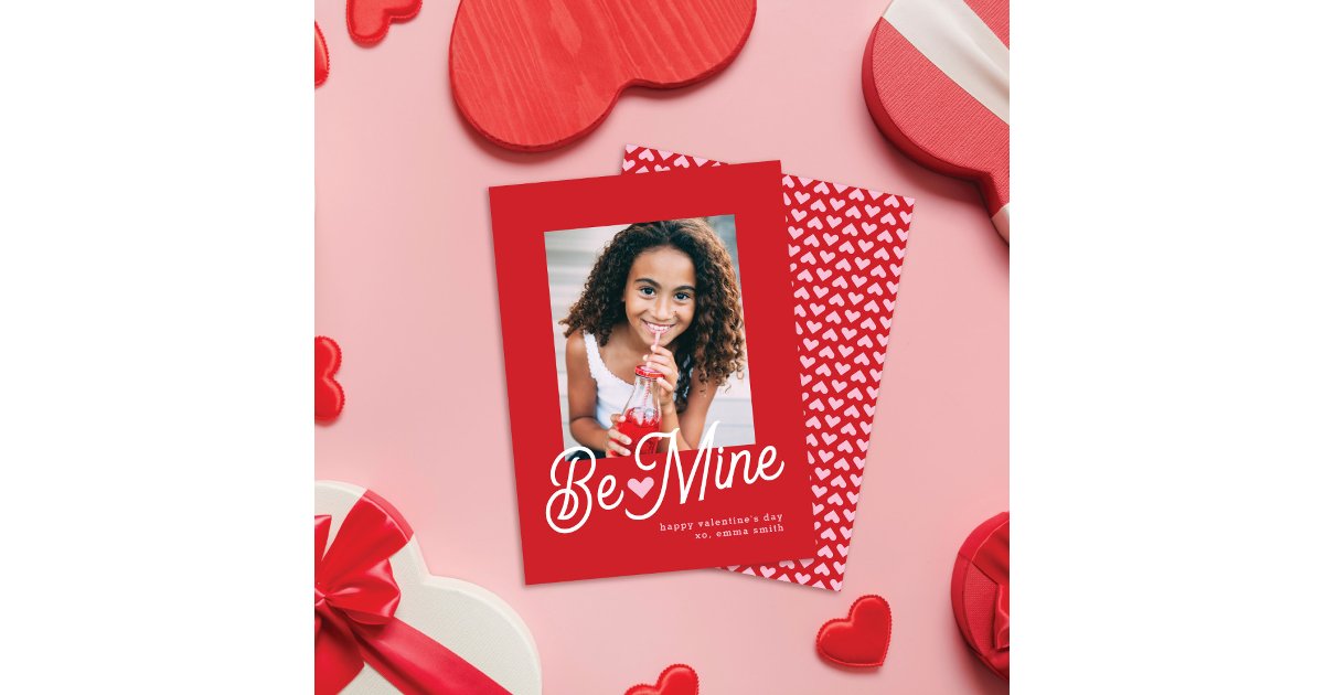 Cute Be Mine Pink Heart Valentine's Day Photo Holiday Card | Zazzle