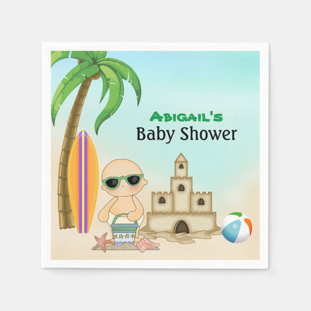 Cute Beach Baby Sandcastle n Surfboard Baby Shower Napkins | Zazzle