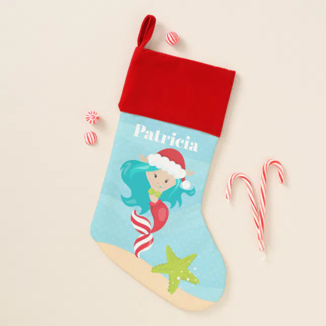Cute beach mermaid add name christmas stocking | Zazzle