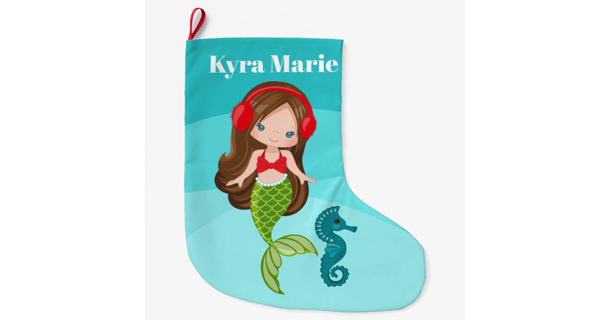 Cute Beach mermaid Christmas Holiday Large Christmas Stocking | Zazzle