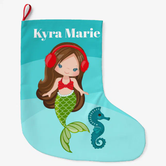 Cute Beach mermaid Christmas Holiday Large Christmas Stocking | Zazzle