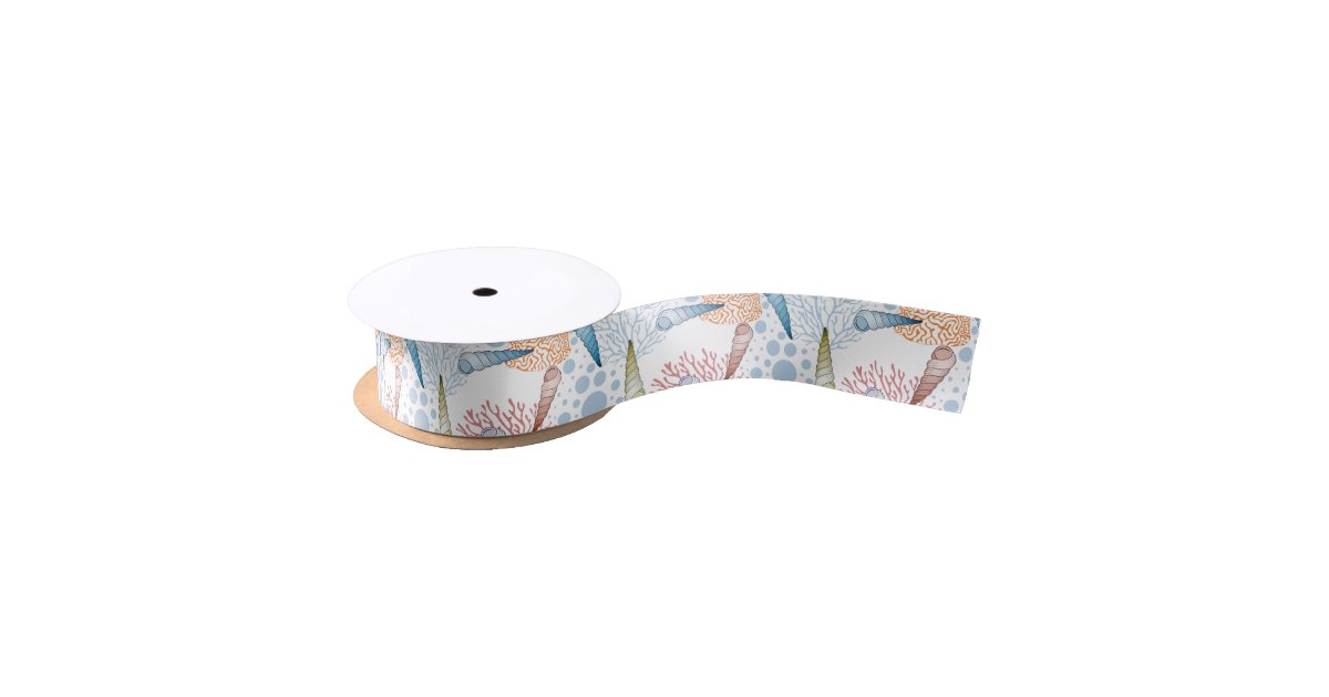 Cute beach seashell coral pattern satin ribbon | Zazzle