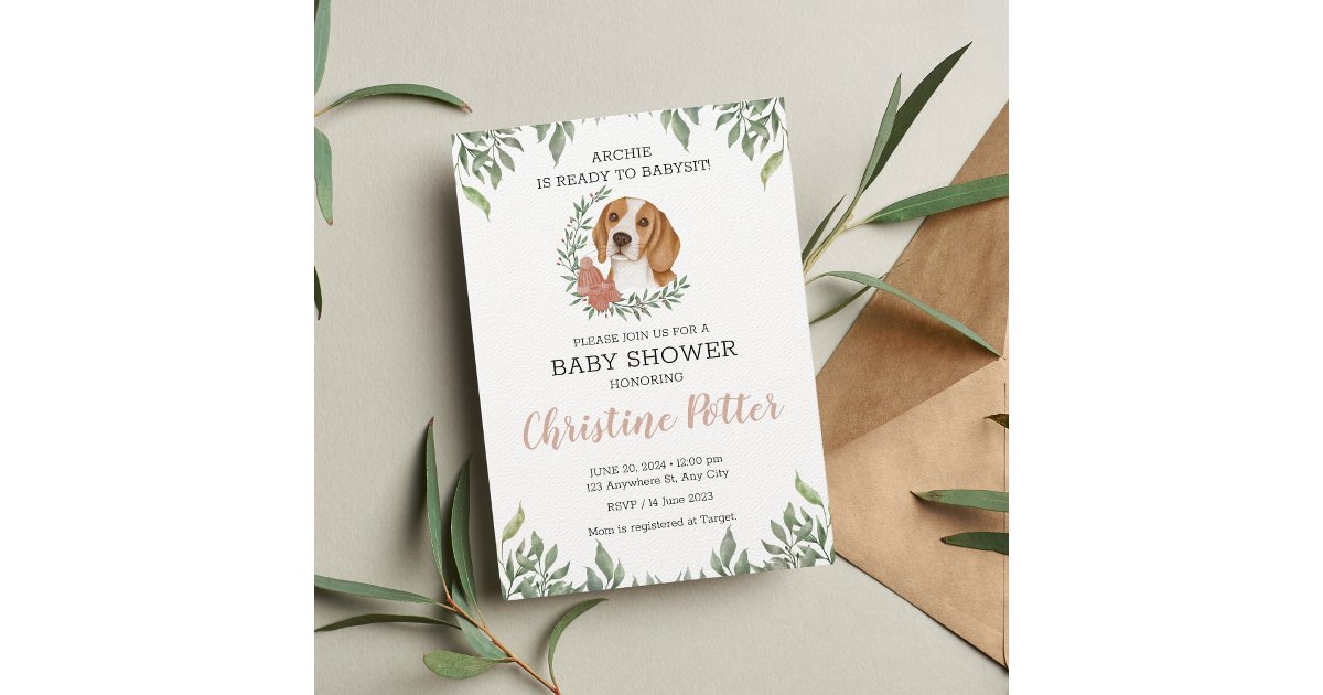 Cute Beagle Dog Puppy Greenery Boho Baby Shower In Invitation | Zazzle
