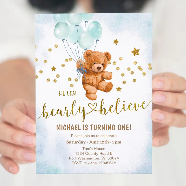Cute Bear Baby Boy's Birthday Party Invitation | Zazzle