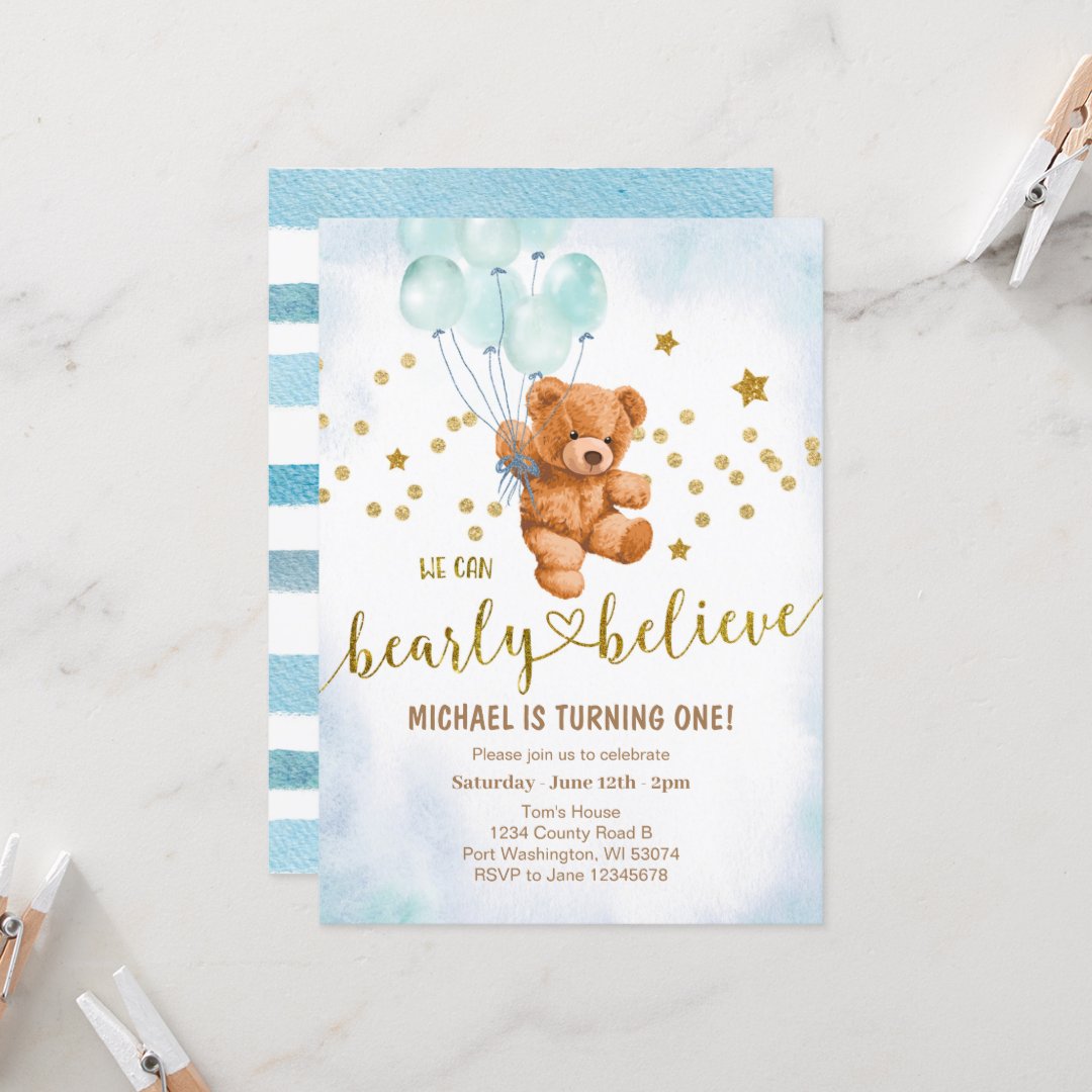 Cute Bear Baby Boy's Birthday Party Invitation | Zazzle