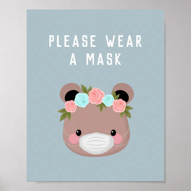 Cute Bear Character Floral Wear A Mask Blue Covid Poster | Zazzle