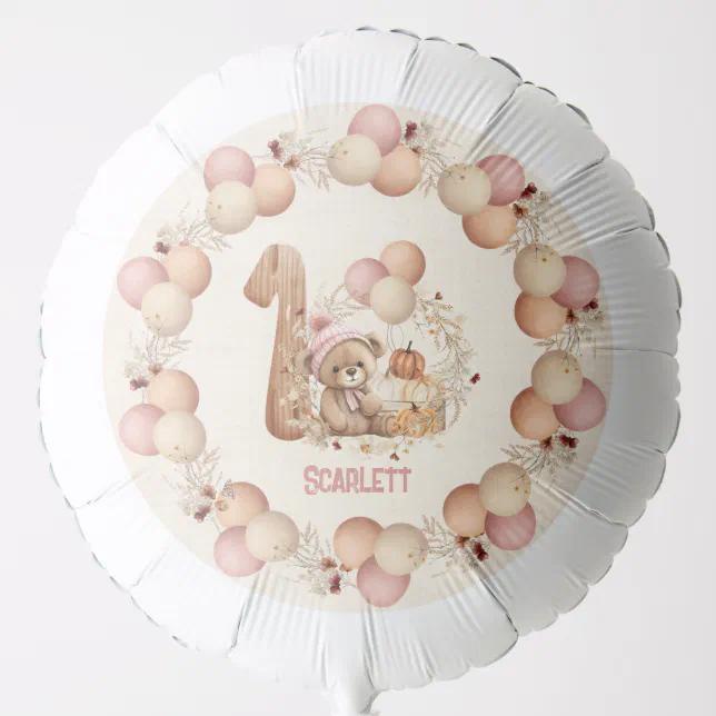 Cute Bear Fall Beary 1st Birthday Girl Balloon | Zazzle