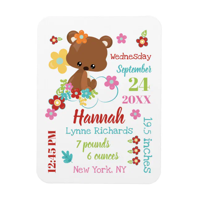 Cute Bear & Flowers Baby Girl Birth Record Stats Magnet | Zazzle