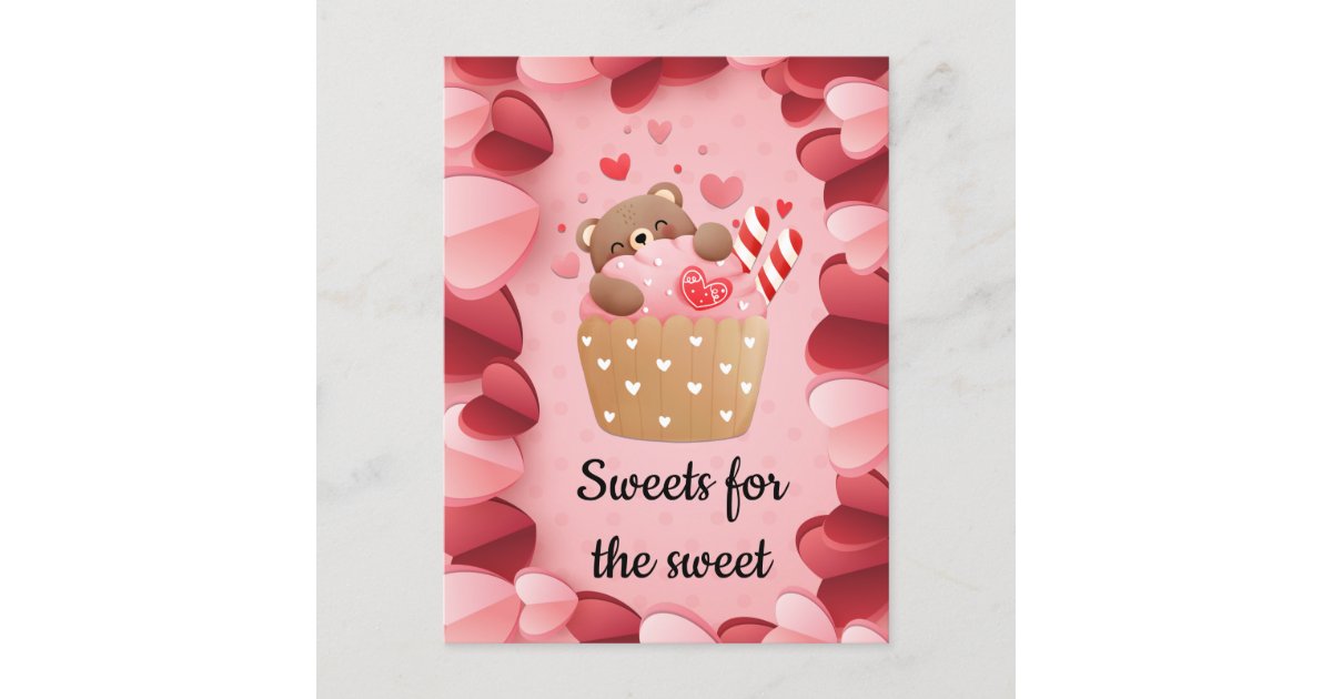 Cute Bear Hugging Cupcake Valentine Postcard | Zazzle
