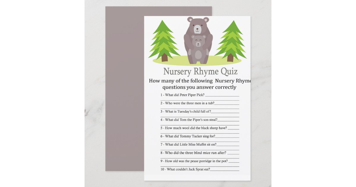 Cute Bear Nursery Rhyme Quiz baby shower game | Zazzle