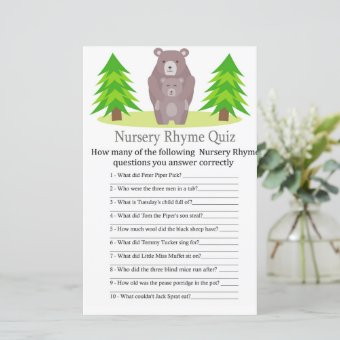 Cute Bear Nursery Rhyme Quiz baby shower game | Zazzle