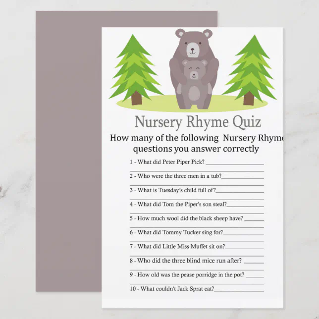 Cute Bear Nursery Rhyme Quiz baby shower game | Zazzle