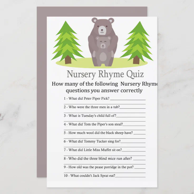 Cute Bear Nursery Rhyme Quiz baby shower game | Zazzle