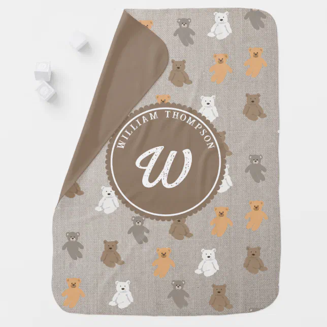Cute Bear Pattern Initial Monogram Baby Blanket | Zazzle