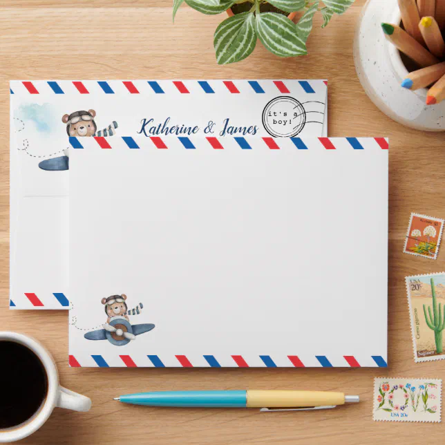 Cute Bear Plane Adventure Begins Boy Baby Shower Envelope | Zazzle