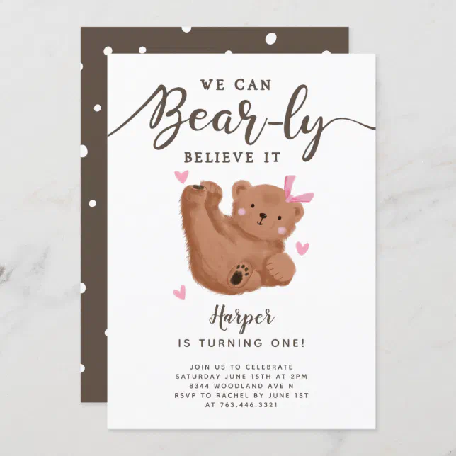 Cute Bear Theme Girl's Birthday Party Invitation | Zazzle