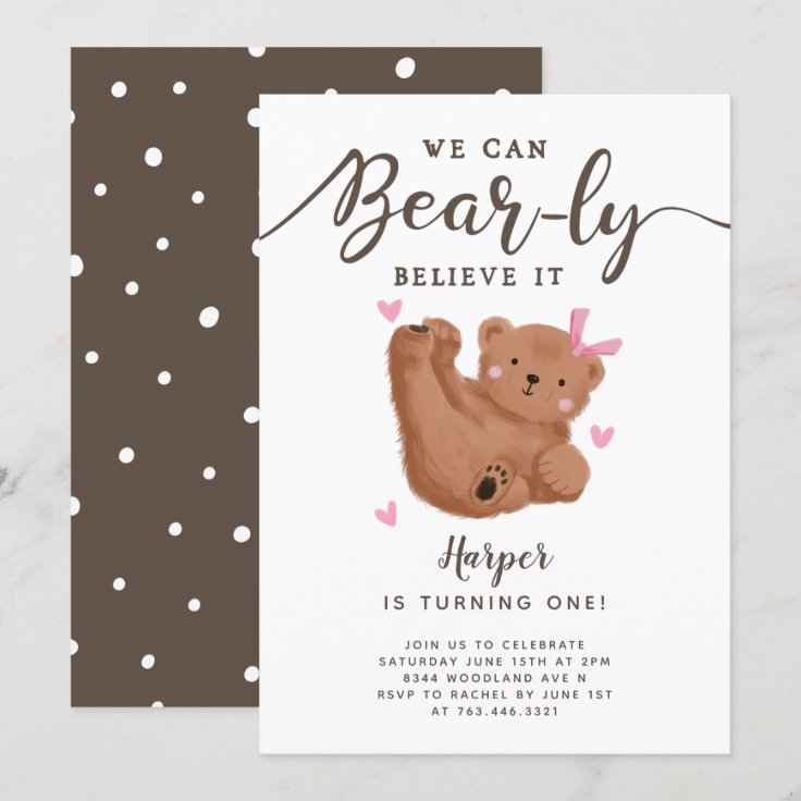 Cute Bear Theme Girl's Birthday Party Invitation | Zazzle