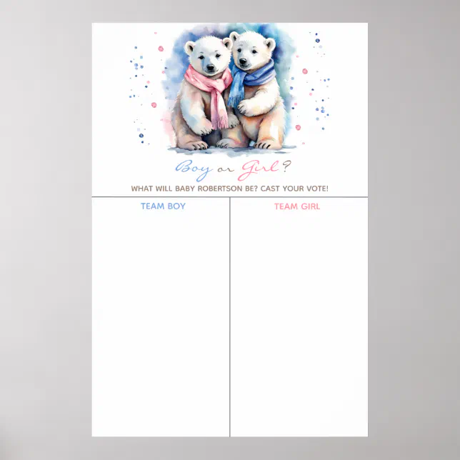 Cute Bear Winter Gender Reveal Cast Your Vote Game Poster | Zazzle