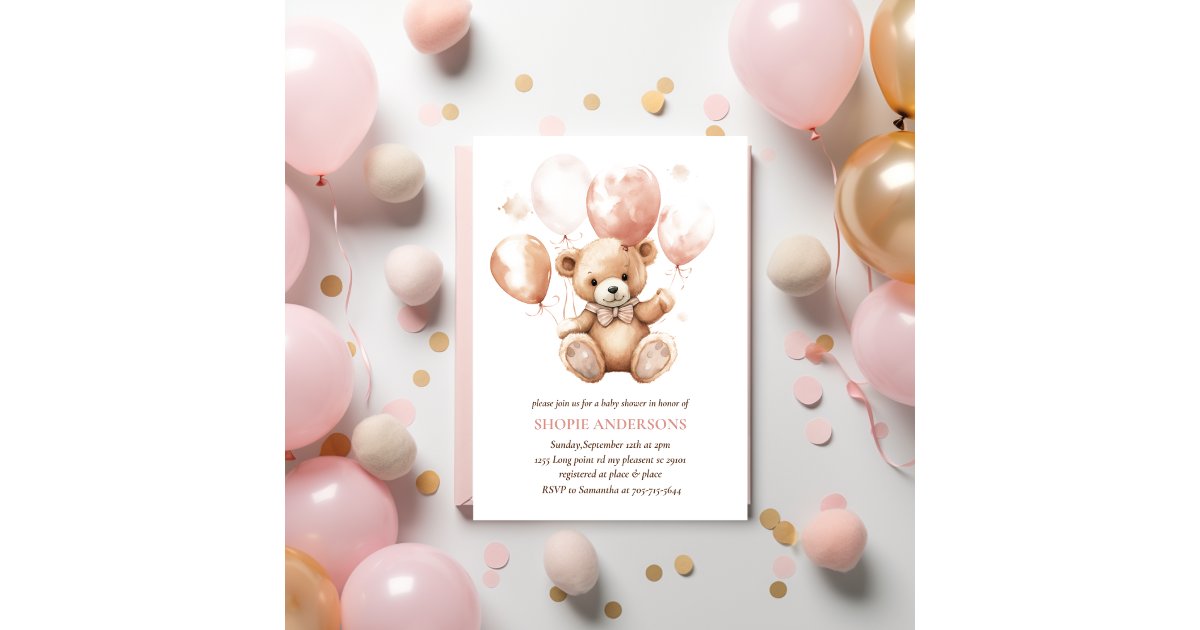 Cute Bear With Balloons | Baby Pink Invitation | Zazzle