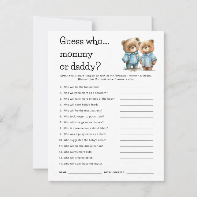 Cute Bears Guess Who Mom Dad Baby Shower Game Card | Zazzle