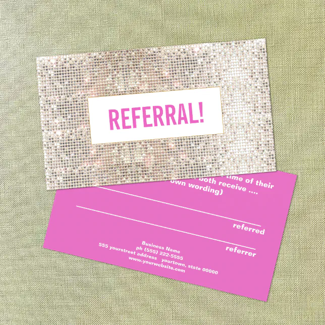 Cute Beauty Salon Referral Faux Silver Sequin Pink | Zazzle
