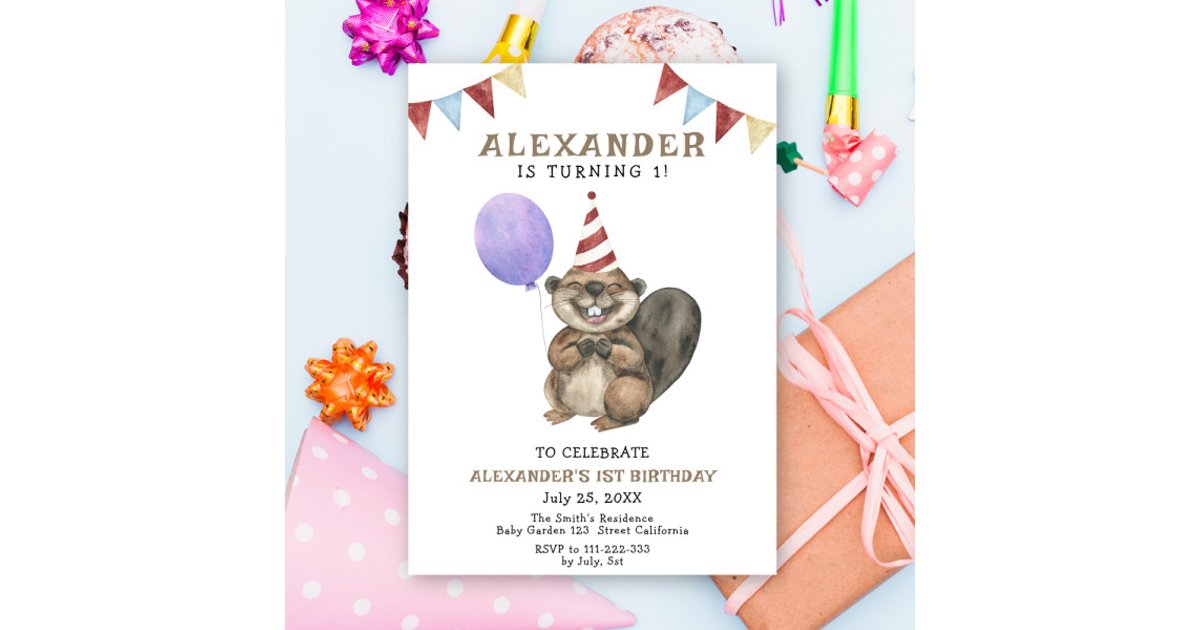 Cute Beaver 1st Birthday Party Invitation | Zazzle
