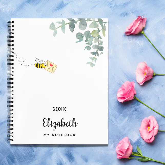 Cute bee eucalyptus greenery monogram notebook | Zazzle