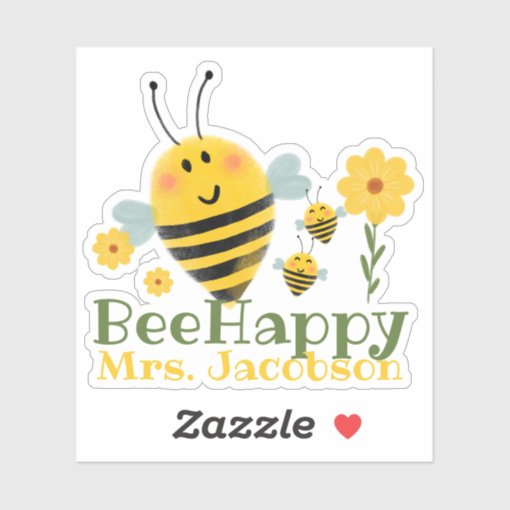 Cute Bee Happy Teacher Saying Watercolor Bee Sticker | Zazzle