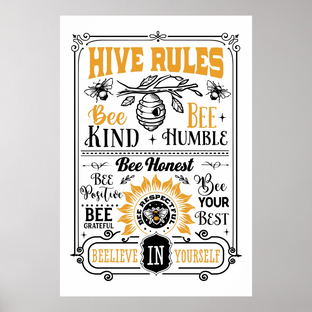 cute bee hive rules word art poster | Zazzle