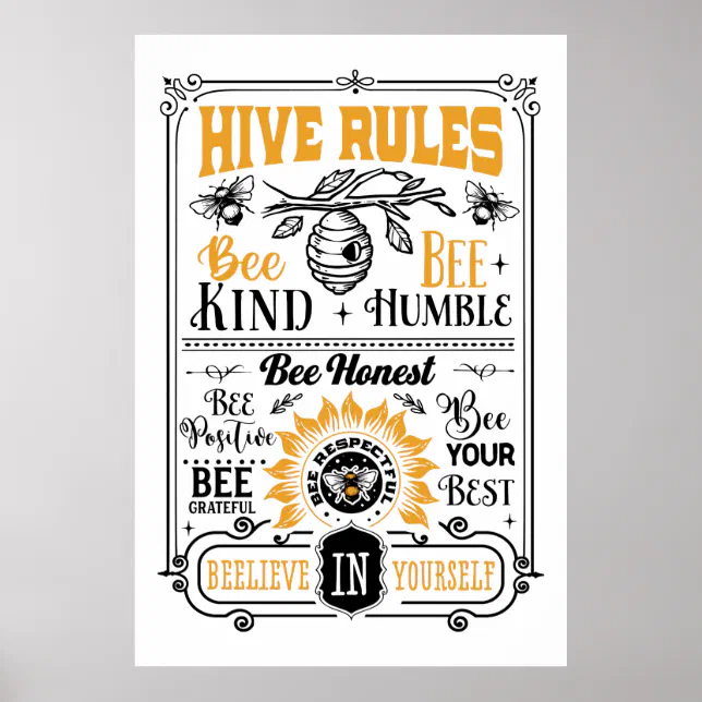 cute bee hive rules word art poster | Zazzle