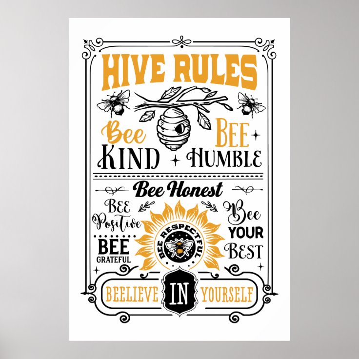 cute bee hive rules word art poster | Zazzle