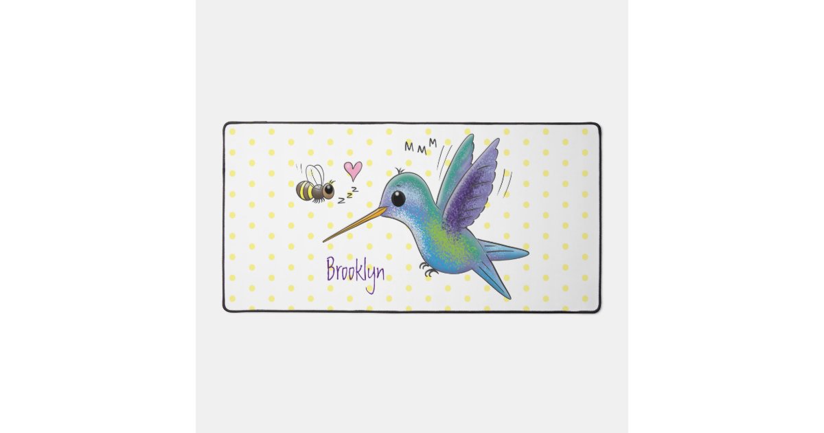 Cute bee hummingbird cartoon illustration desk mat | Zazzle