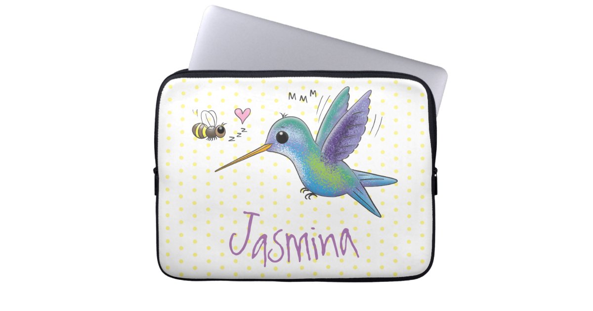 Cute bee hummingbird cartoon illustration laptop sleeve | Zazzle