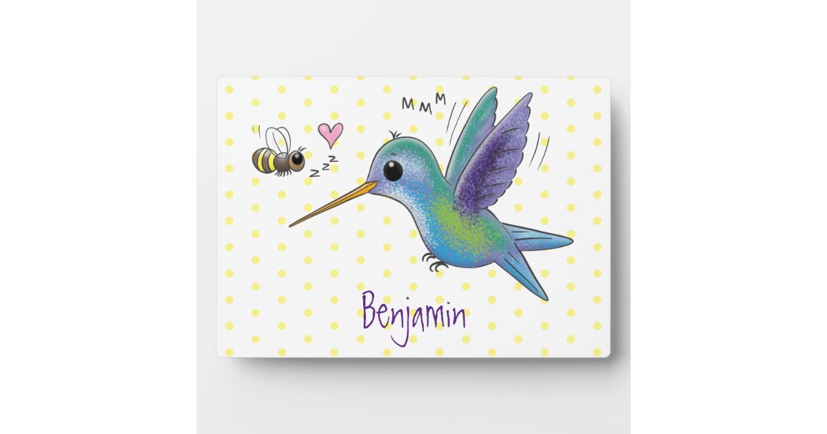 Cute bee hummingbird cartoon illustration plaque | Zazzle