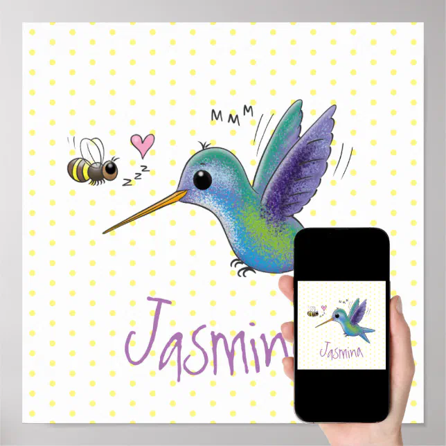 Cute bee hummingbird cartoon illustration poster | Zazzle