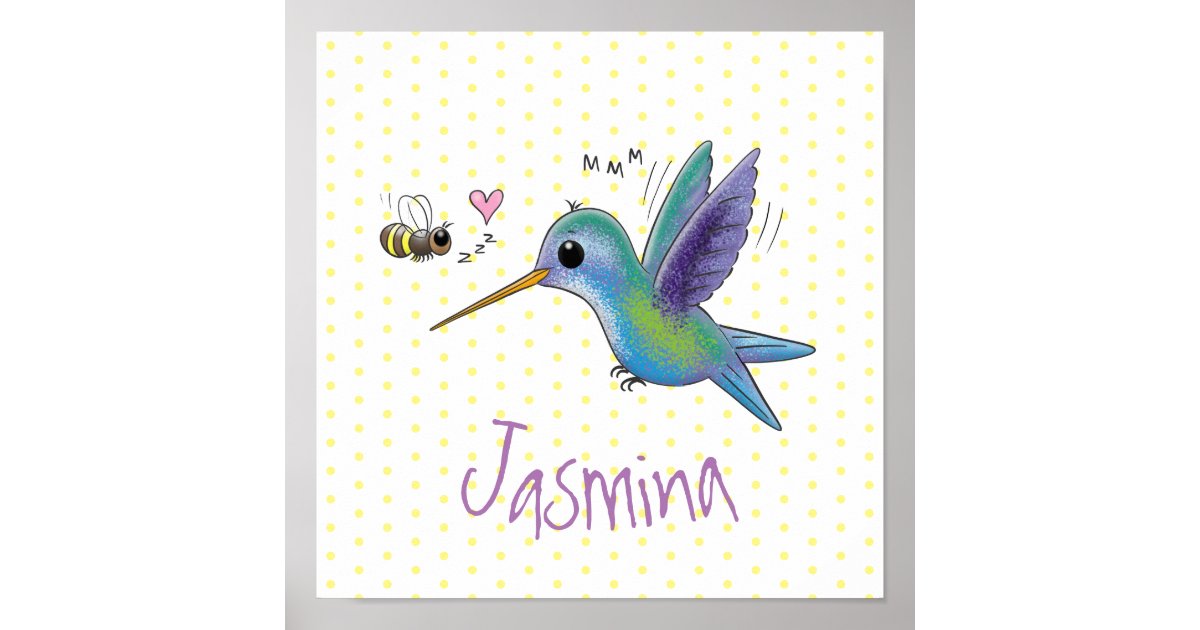 Cute bee hummingbird cartoon illustration poster | Zazzle