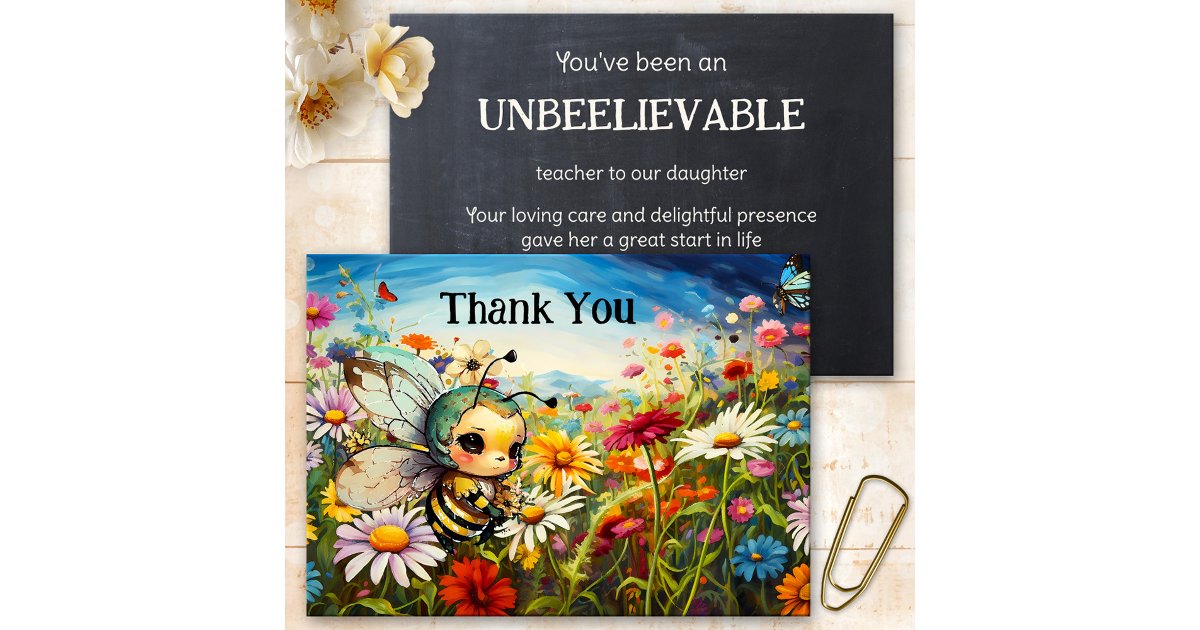 Cute Bee Wildflowers Teacher Appreciation Thank You Card | Zazzle