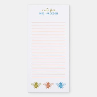 Cute Bees Teacher Appreciation Personalized Name Magnetic Notepad | Zazzle