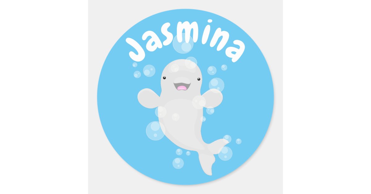 Cute beluga whale bubbles cartoon illustration classic round sticker ...