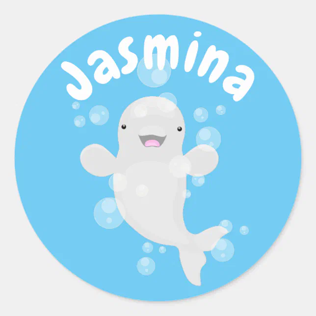 Cute beluga whale bubbles cartoon illustration classic round sticker ...