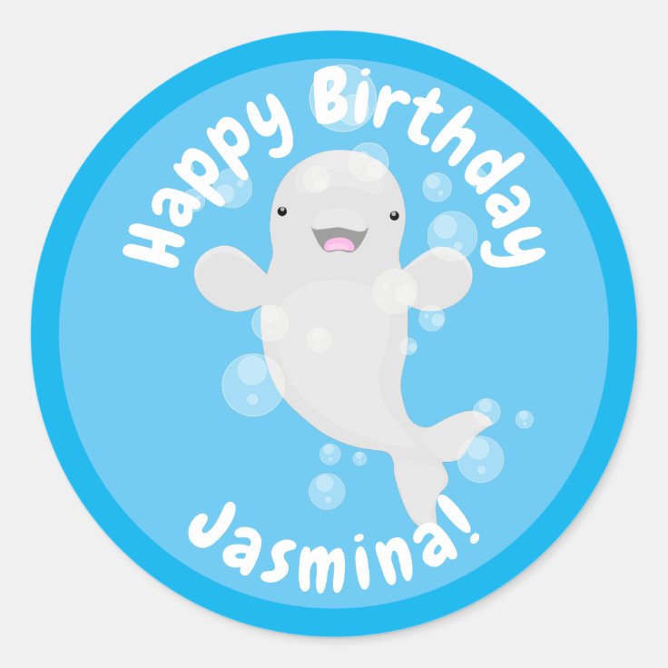 Cute beluga whale bubbles cartoon illustration classic round sticker ...