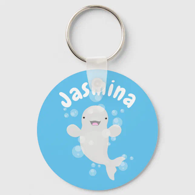 Cute beluga whale bubbles cartoon illustration keychain | Zazzle