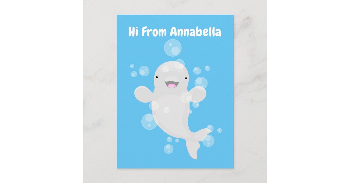 Cute beluga whale bubbles cartoon illustration postcard | Zazzle