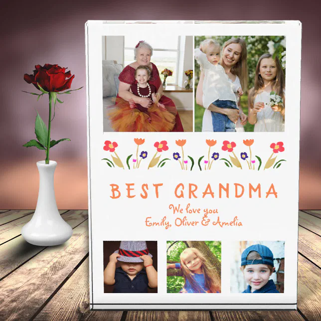 Cute Best Grandma Flowers Floral Family Photo Block | Zazzle