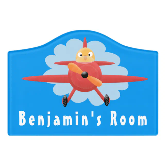 Cute bird flying red airplane cartoon illustration door sign | Zazzle